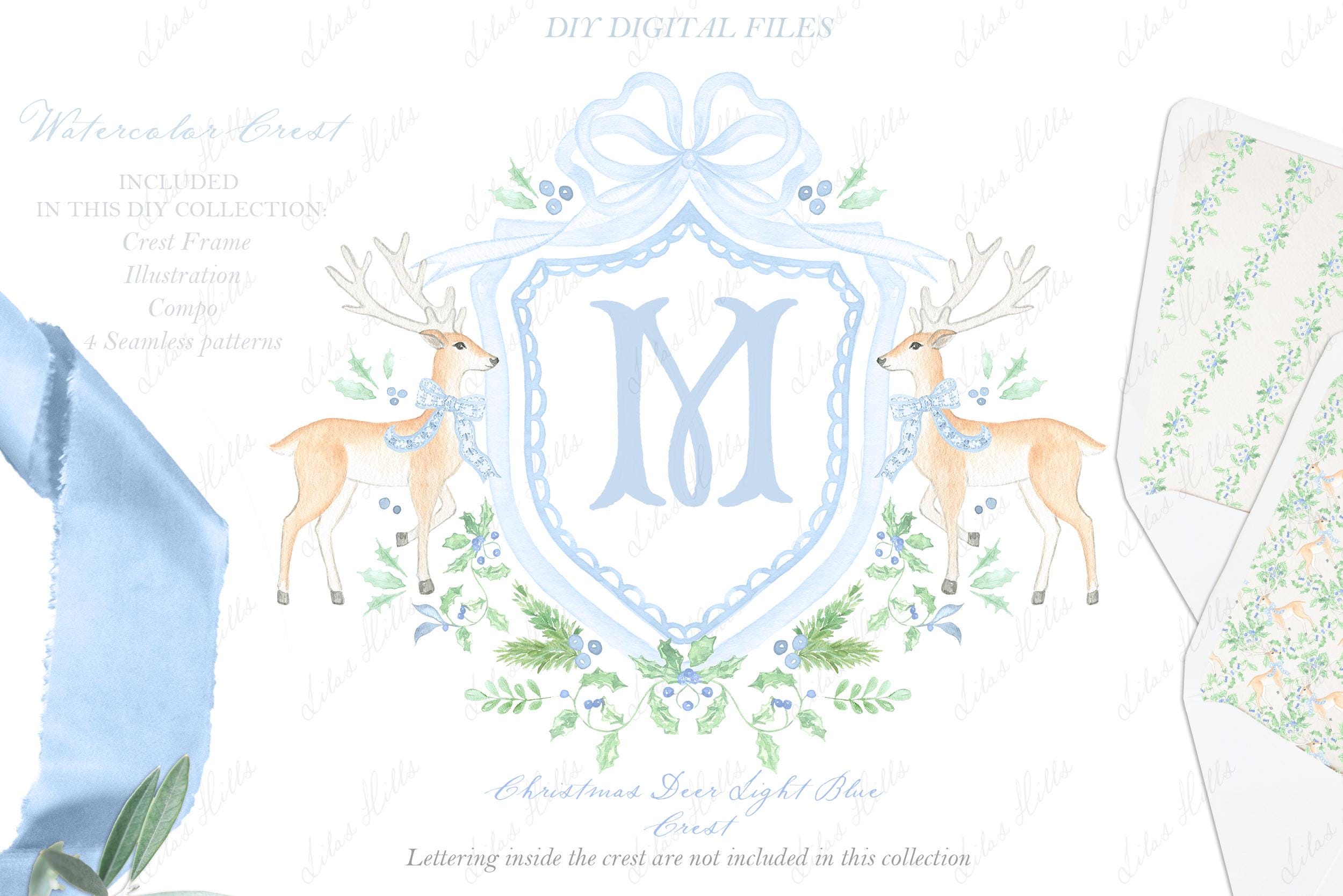 Christmas Reindeer Watercolor Crest Clipart, Blue Wedding DIY (digital ...