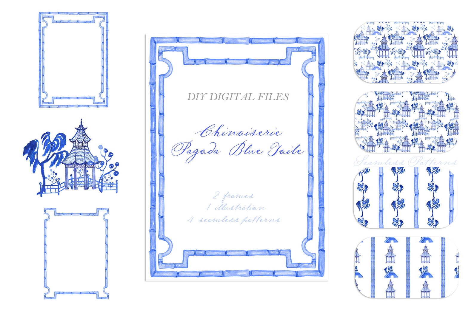 Chinoiserie Pagoda Blue Toile. DIY Digital Paper Frames Watercolor ...