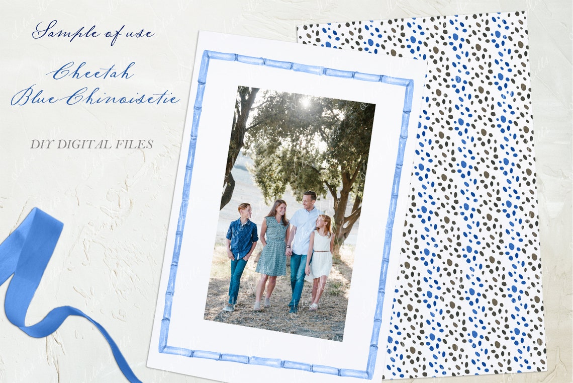 Cheetah Blue Chinoiseie Bamboo. DIY Digital Paper Frames Watercolor ...