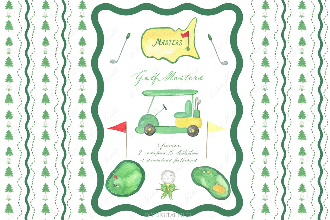 Golf Masters Clipart, Green Yellow Watercolor Frame. Golf Car Vintage ...