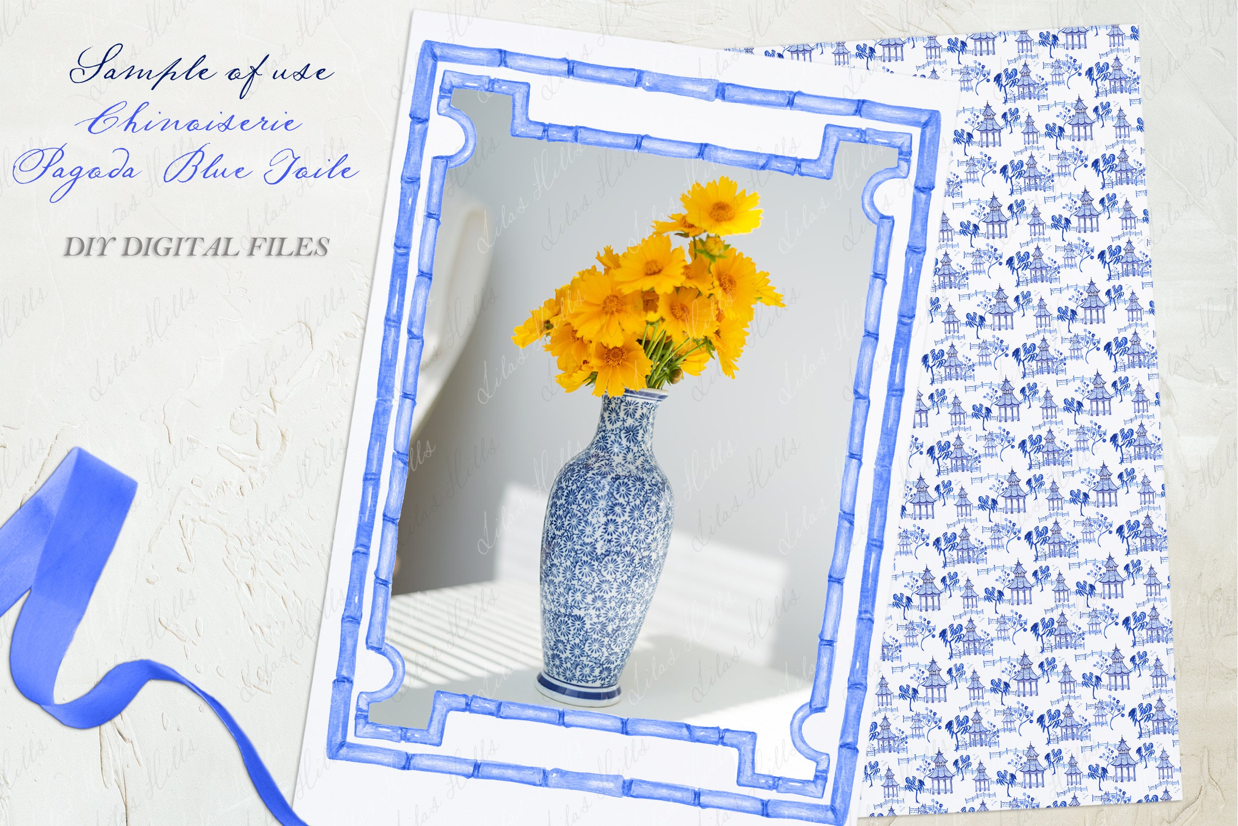 Chinoiserie Pagoda Blue Toile. DIY Digital Paper Frames Watercolor ...