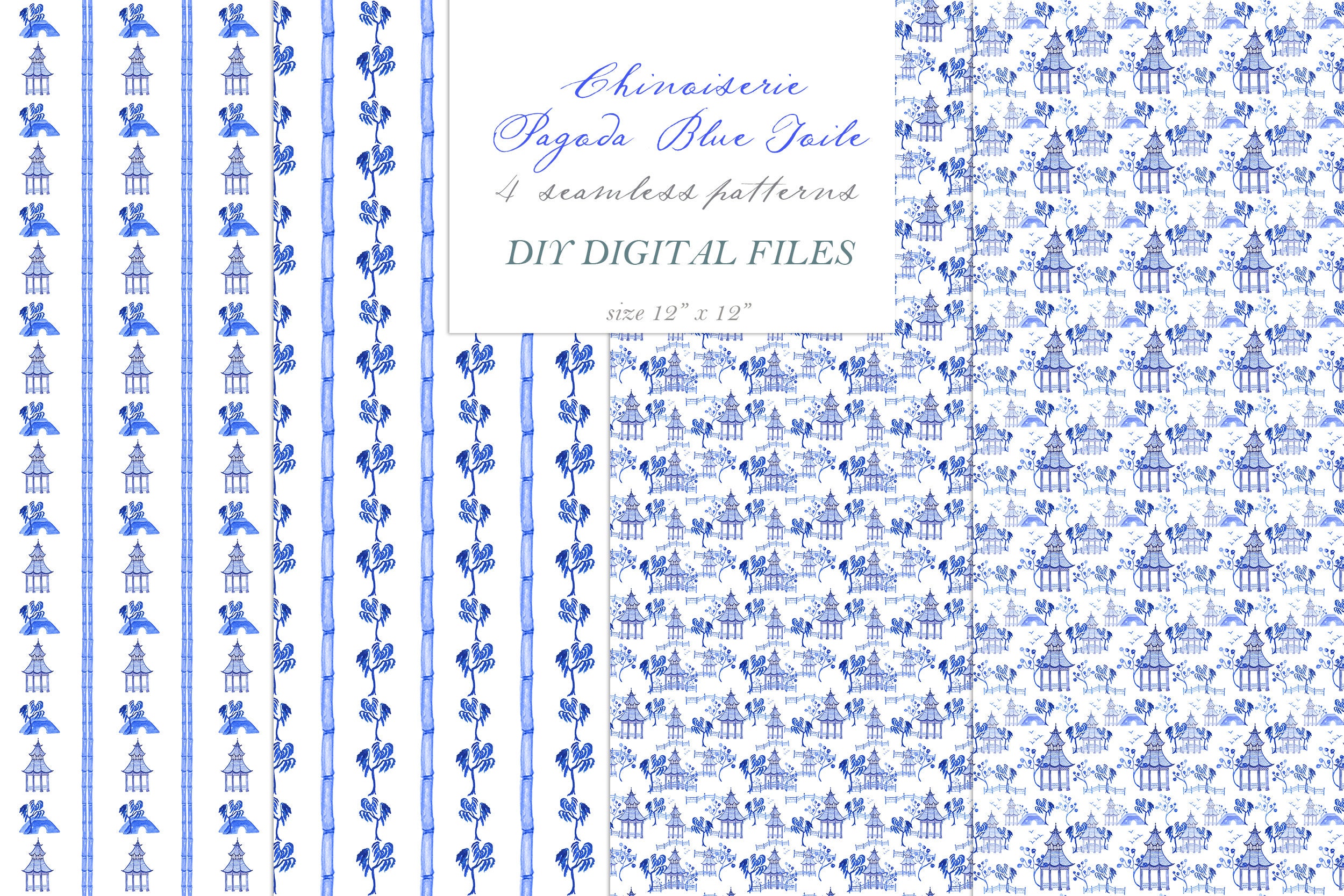 Chinoiserie Pagoda Blue Toile. DIY Digital Paper Frames Watercolor ...