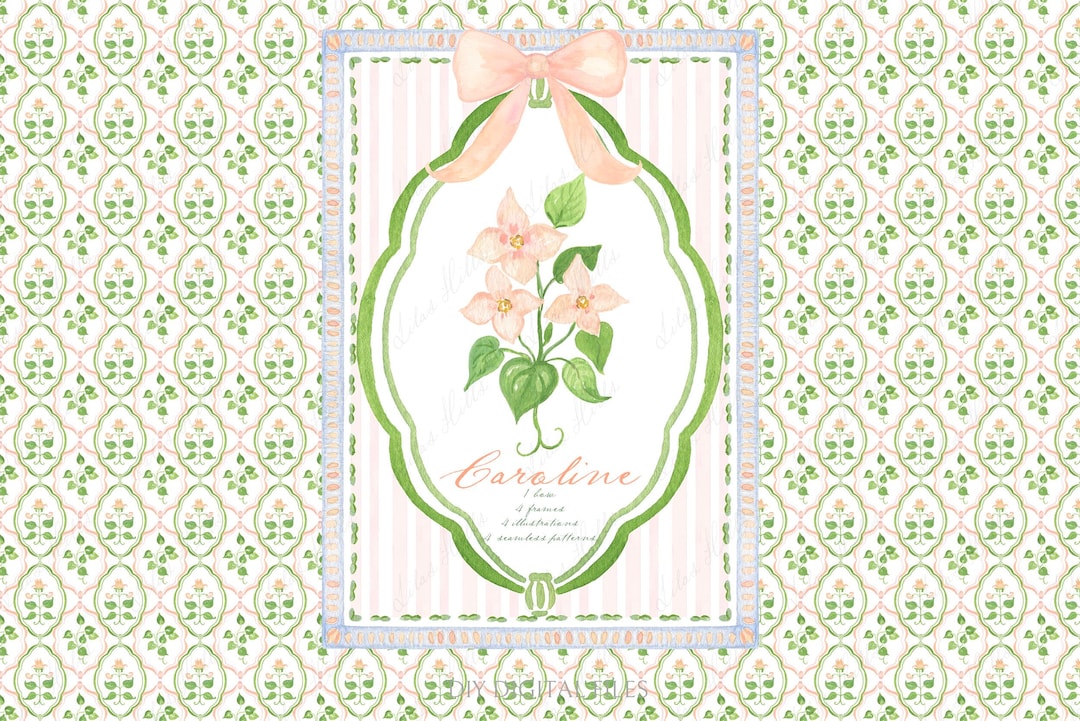 Peach Grand Millennial Botanical Blue Watercolor DIY Clipart Grand ...