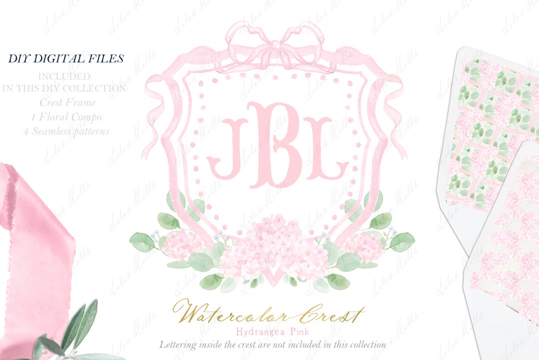 Light Pink Hydrangea Watercolor Crest Baby Girl DIY Hospital Door Sign ...