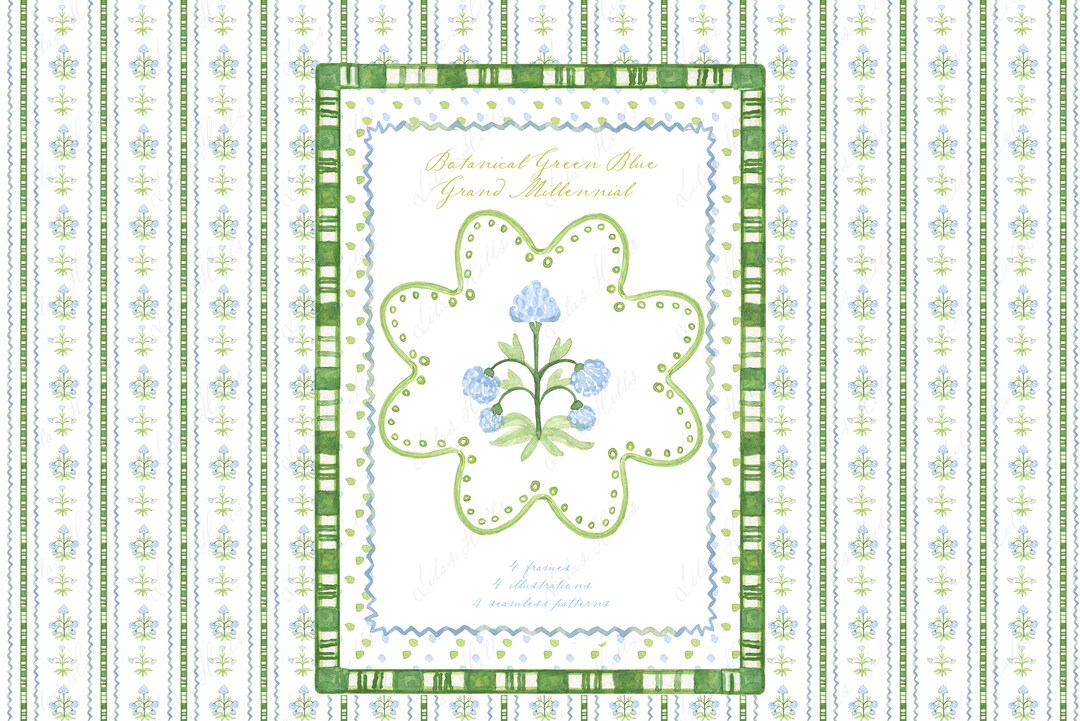 Grand Millennial Botanical Blue Green Flowers Watercolor DIY Clipart ...