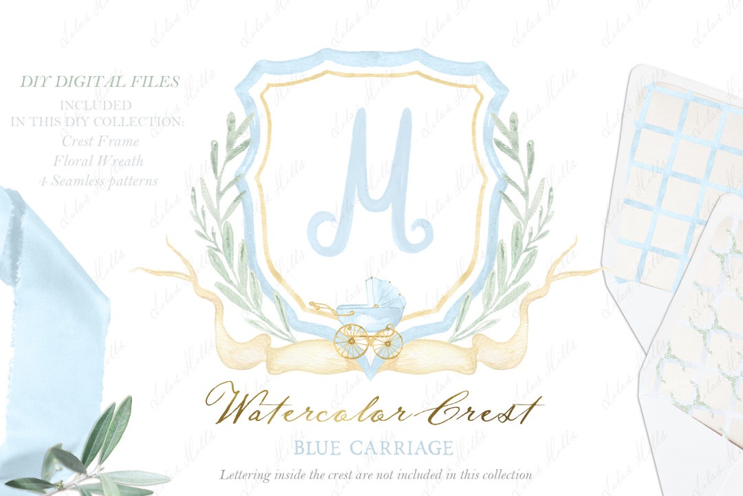 Carriage Blue Crest Newborn Boy Family Watercolor Crest DIY Dusty ...