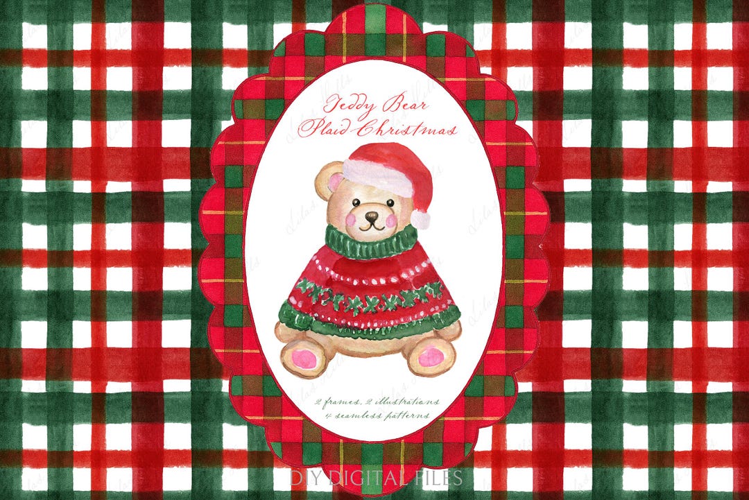 Christmas Teddy Bear Clipart: Plaid, Preppy DIY Patterns (digital ...
