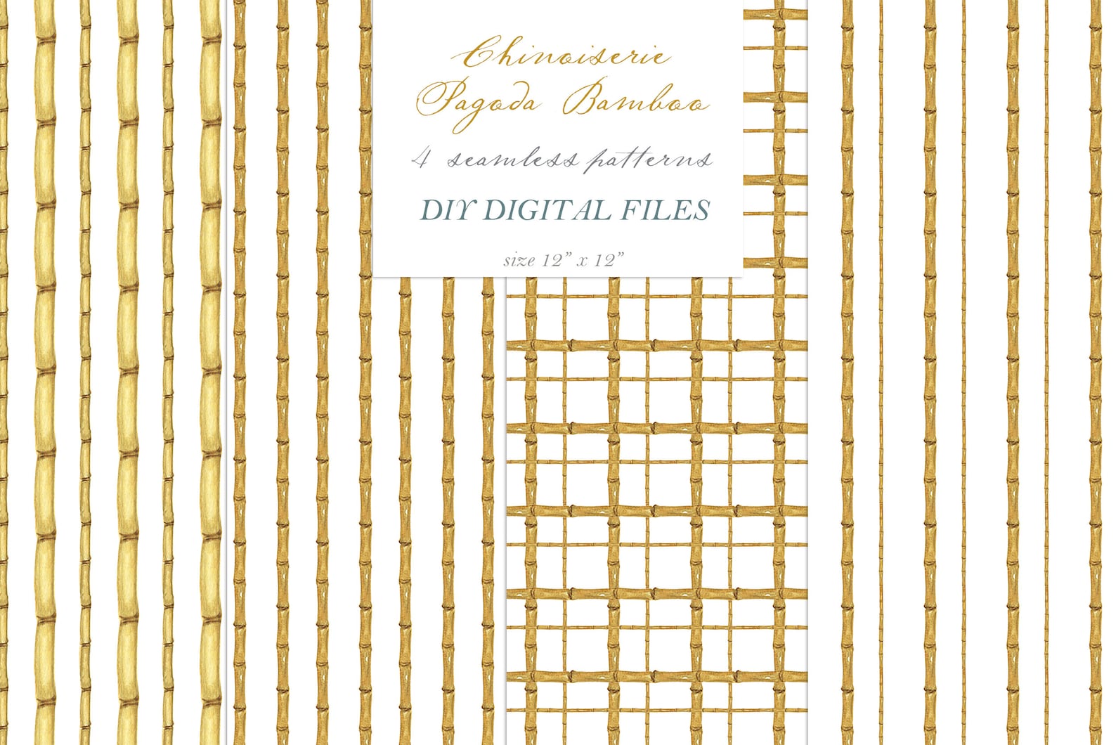 Chinoiserie Pagoda Bamboo Gold. DIY Digital Paper Frames Watercolor ...