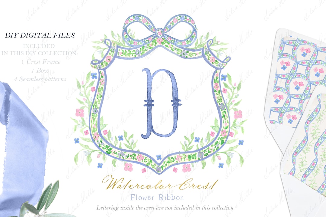 Wedding Family Crest DIY Flowers Ribbon Blue Pink Digital Papers ...