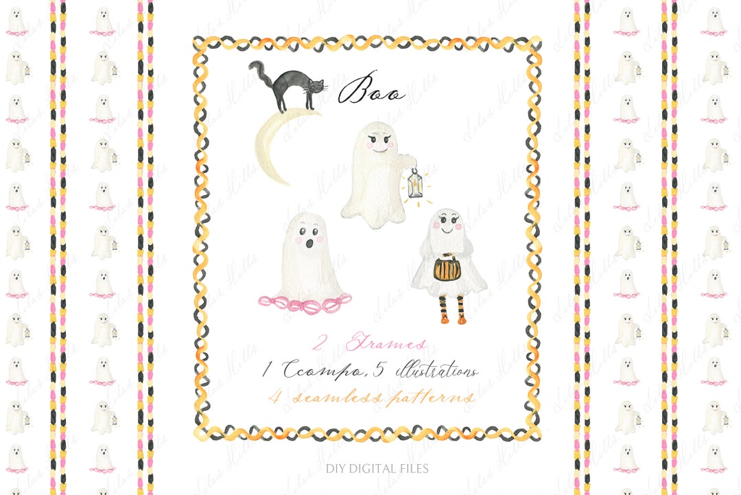 Boo Halloween Ghost DIY Digital Clipart. Banner Bow Digital Paper ...