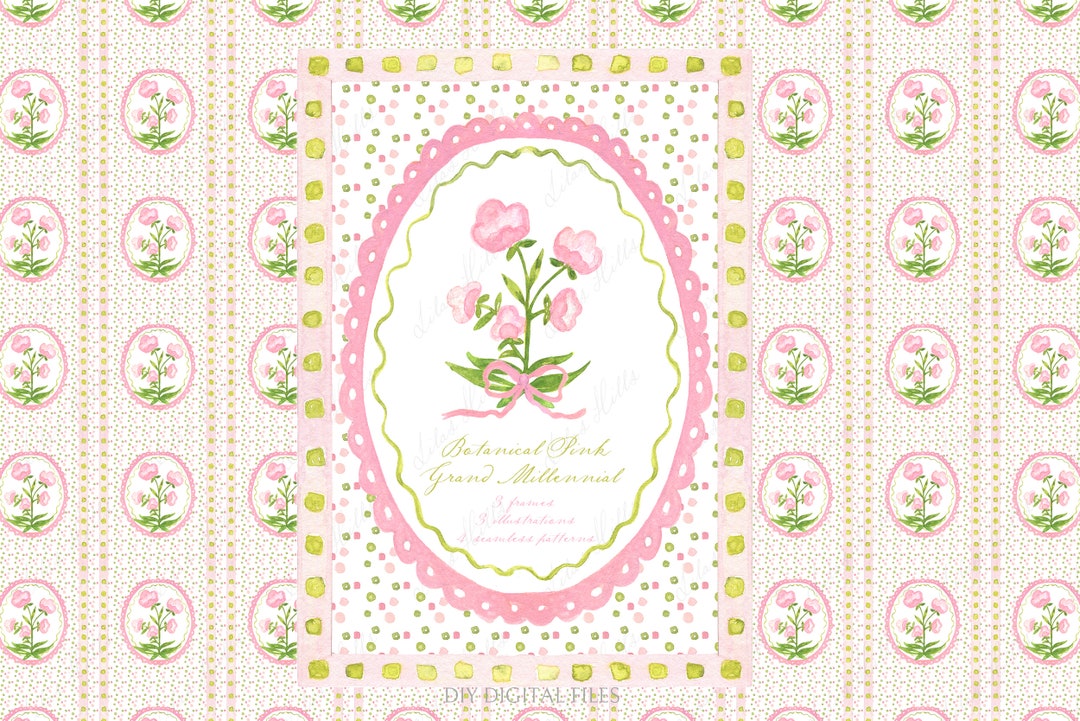 Grand Millennial Botanical Pink Green Flowers Watercolor DIY Clipart ...