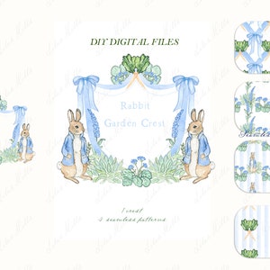 Rabbit Garden Family Watercolor Crest DIY Blue Green Newborn Digital ...