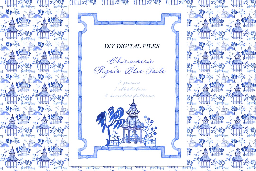 Chinoiserie Pagoda Blue Toile. DIY Digital Paper Frames Watercolor ...