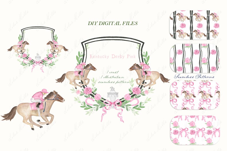 Kentucky Derby Pink Family Crest DIY Digital Papers Watercolor Clipart ...