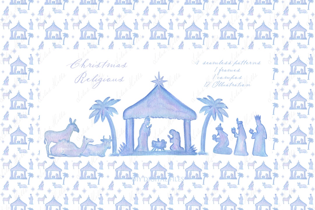 Nativity Religious Blue Christmas. DIY Digital Clipart. Digital Paper ...