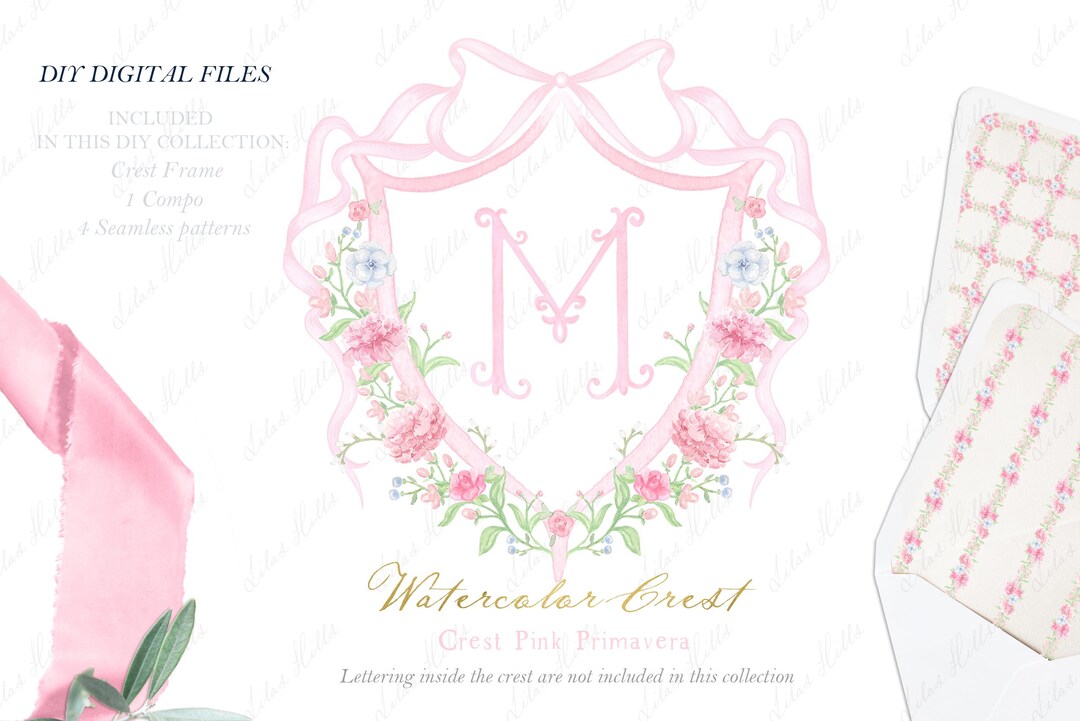 Wedding Family Crest DIY Pink Bow Blue Greenery Digital Papers ...