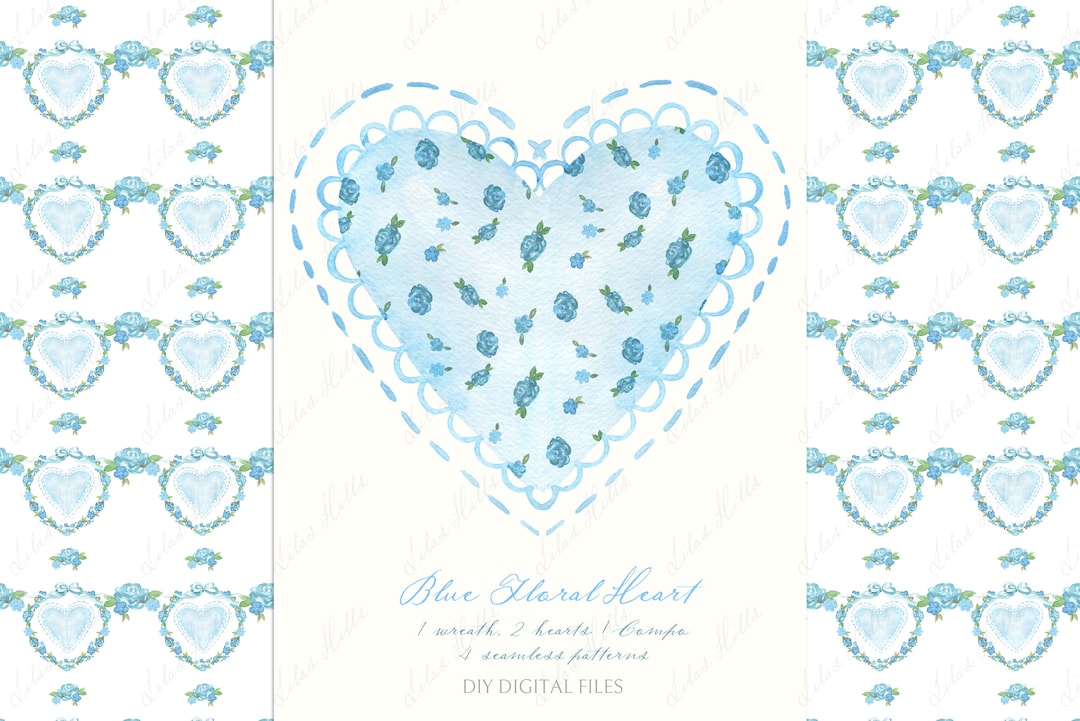 Blue Floral Hearts Watercolor Clipart, Seamless Patterns (digital ...