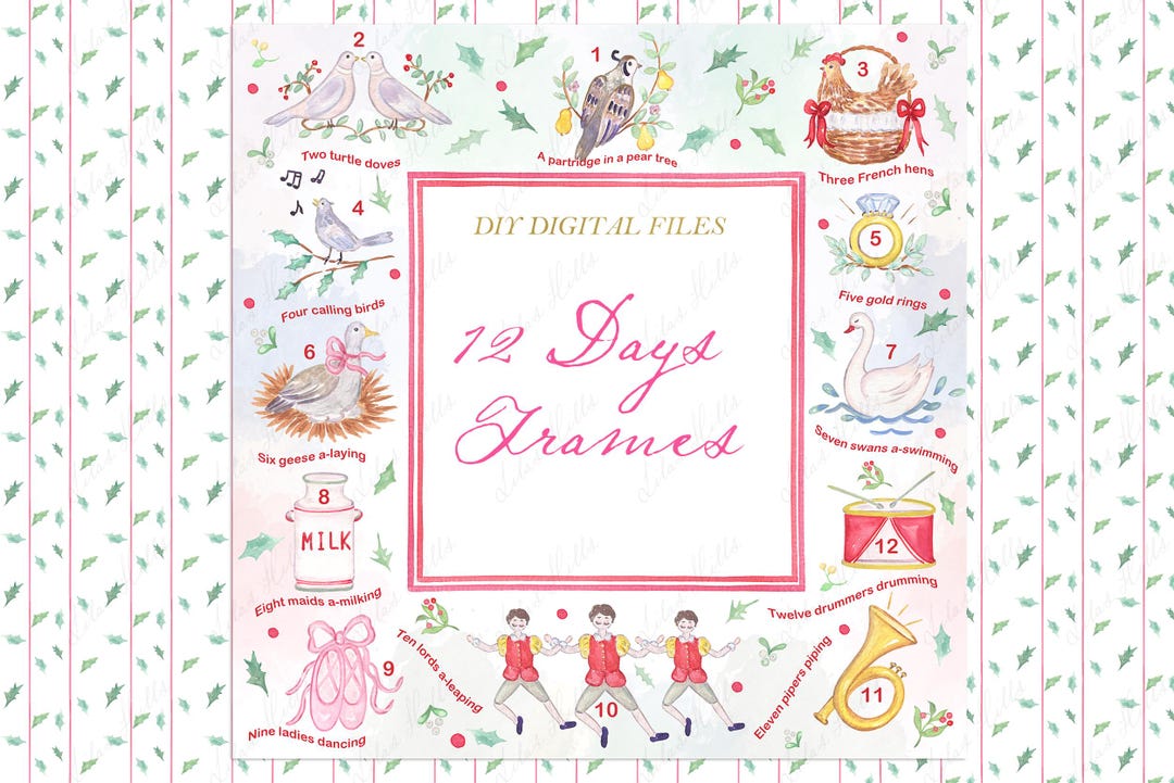 12 Days Christmas Frames Hand Drawn Watercolor Clipart Set – DIY ...