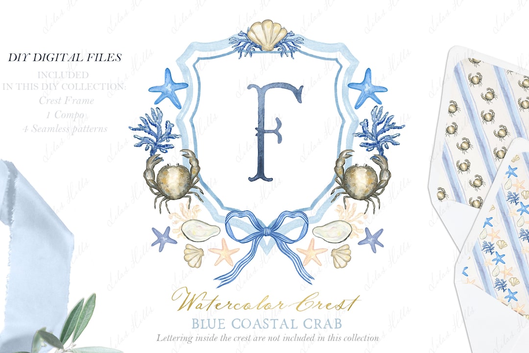 Coastal Crab Blue Wedding Family Crest DIY Dusty Blue Sea Shell Sea ...