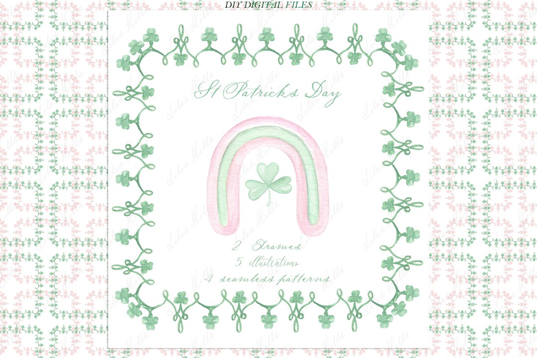 St Patrick's Day DIY Clipart. Pink Green Vintage Card Digital Paper ...