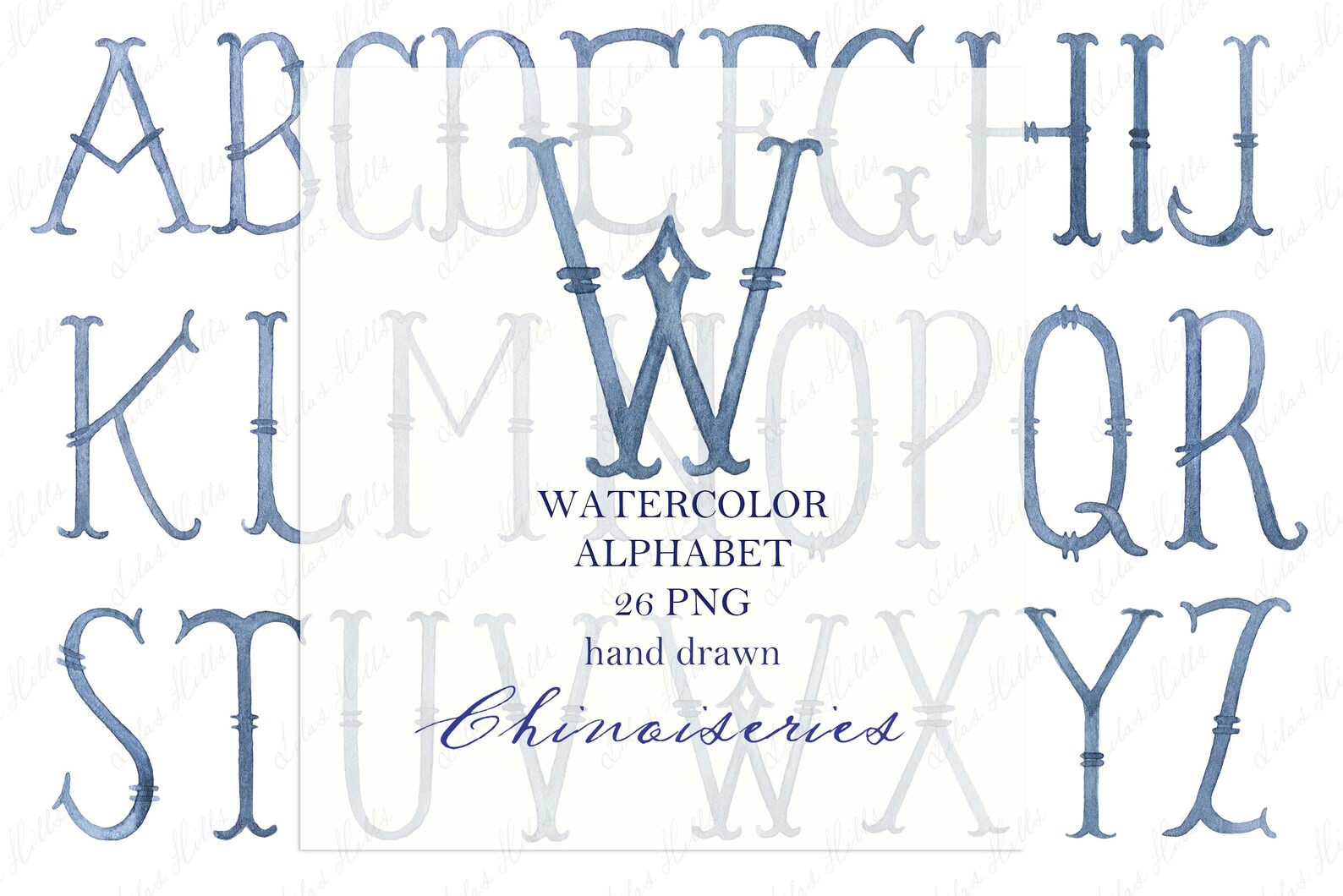 Vintage Calligraphy Letters: Navy Blue Watercolor Monogram (PNG Digital ...