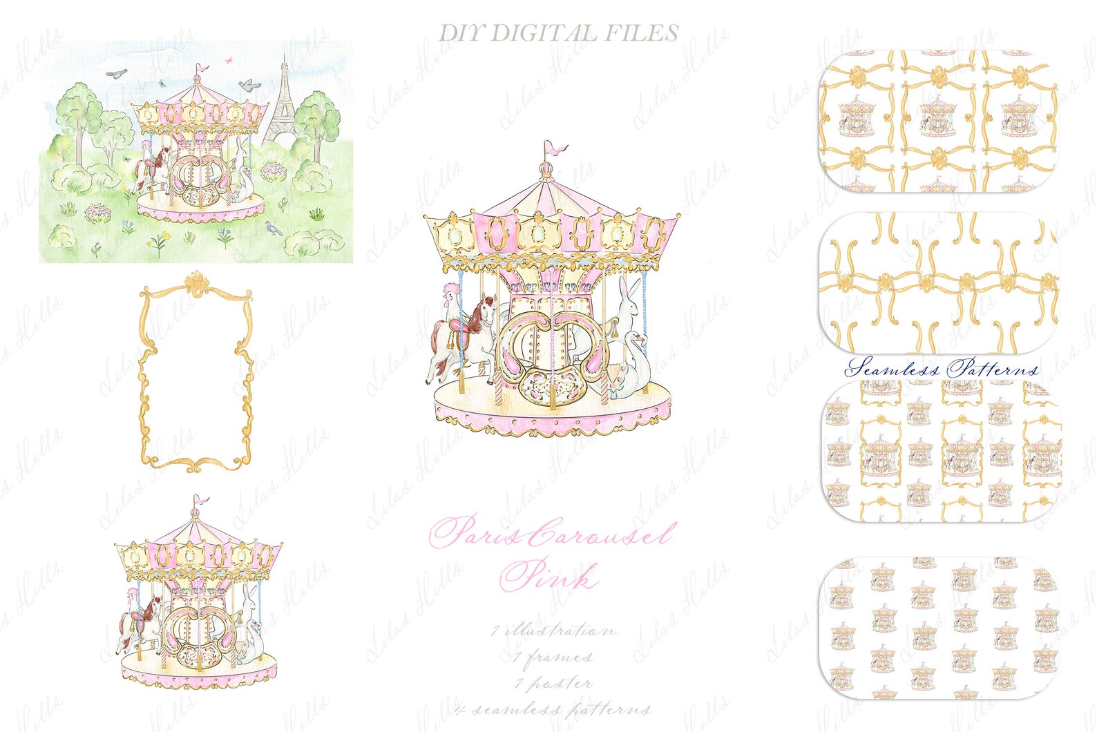 Paris Carousel Clipart: Pink Pastel, Baby Shower (digital Paper) - Etsy