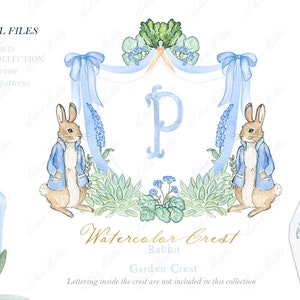 Rabbit Garden Family Watercolor Crest DIY Blue Green Newborn Digital ...