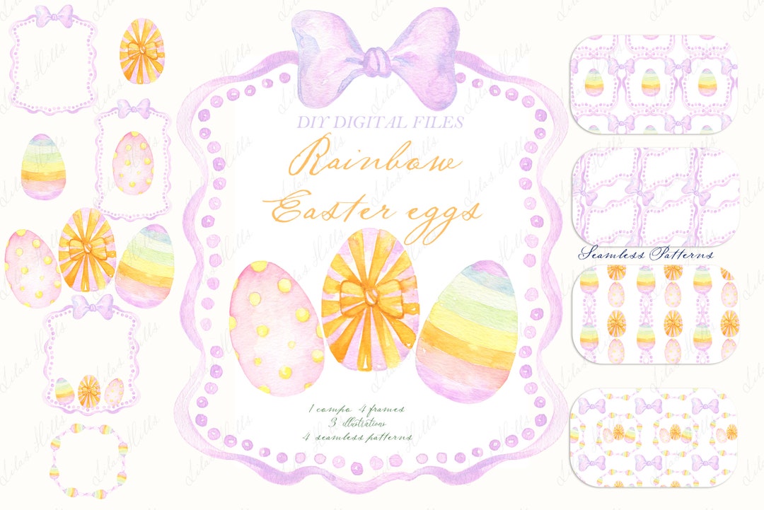 Rainbow Easter Eggs DIY Digital Paper Frames Watercolor Clipart Grand ...