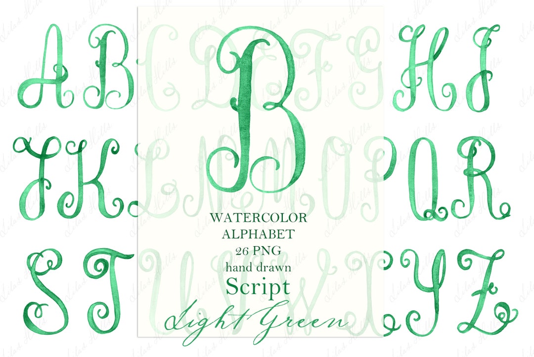 Watercolor Script Letters, Green Monogram PNG (digital Download) - Etsy
