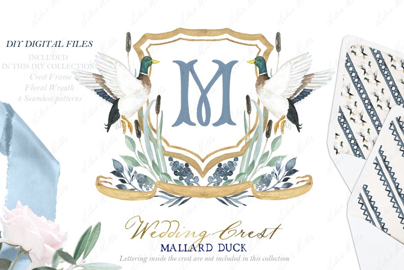 Mallard Duck Wedding Family Crest DIY Dusty Pink Greenery Digital ...