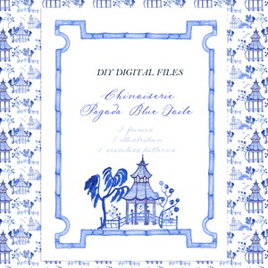 Chinoiserie Pagoda Blue Toile. DIY Digital Paper Frames Watercolor ...