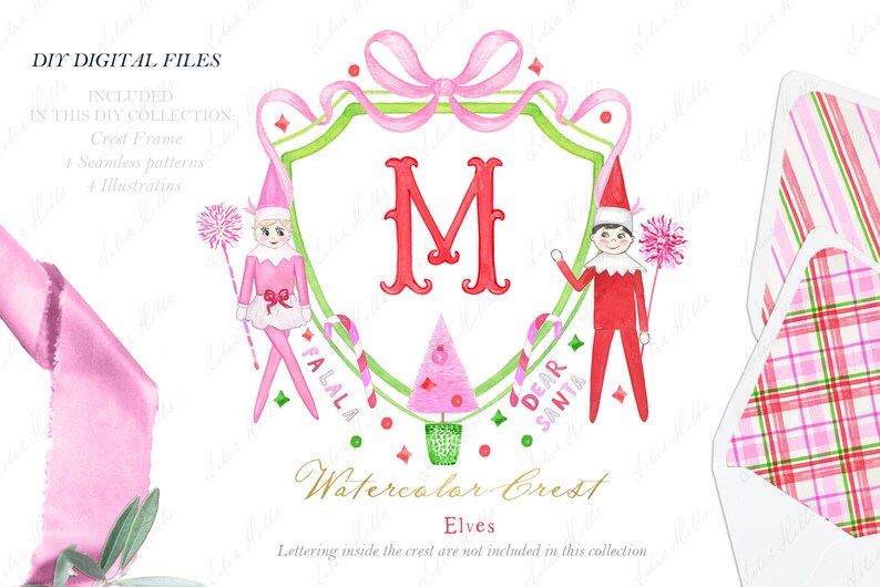 Christmas Elf Watercolor Crest, Pink Bow Clipart (digital) - Etsy