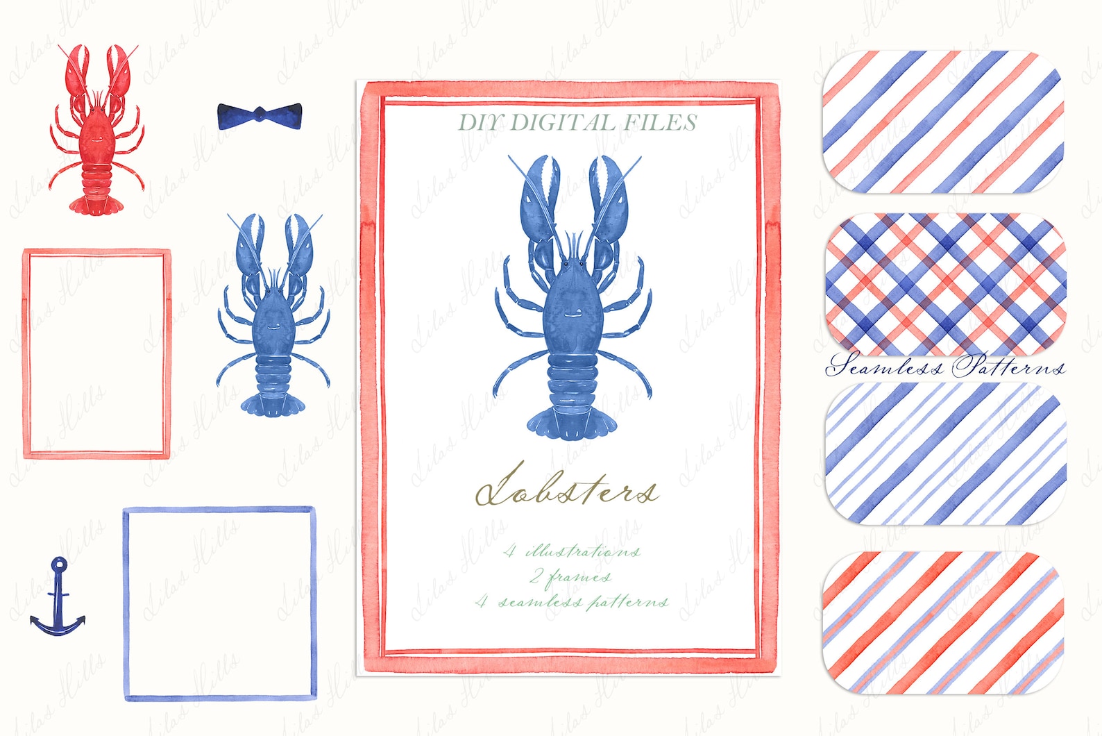 Watercolor Lobster Red Blue Grandmillennial Seaside DIY Digital Paper ...