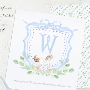 Light Blue Rocking Horse Newborn Boy Watercolor Crest DIY Hospital Door ...