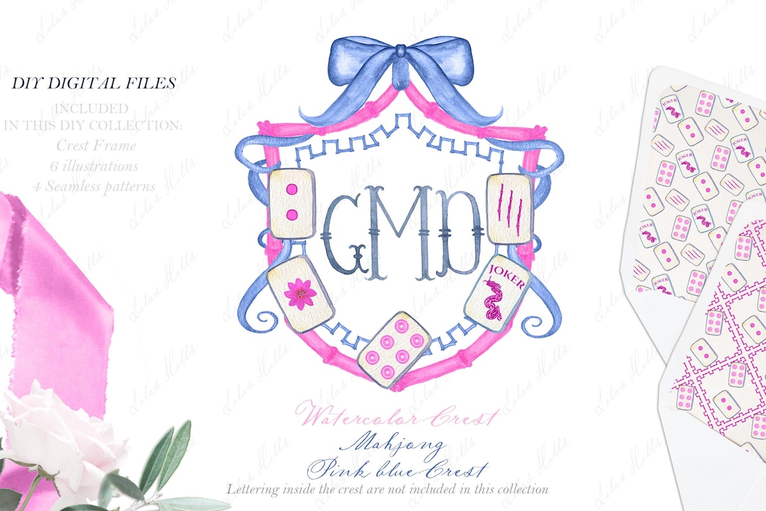 Mahjong Hot Pink Blue Wedding Family Crest DIY Digital Papers ...