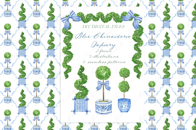 Chinoiserie Blue Topiary. DIY Digital Paper Frames Watercolor Clipart ...