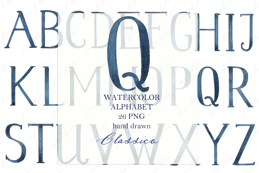 Wedding Monogram Letters: Navy Blue Watercolor Clipart (PNG Digital ...