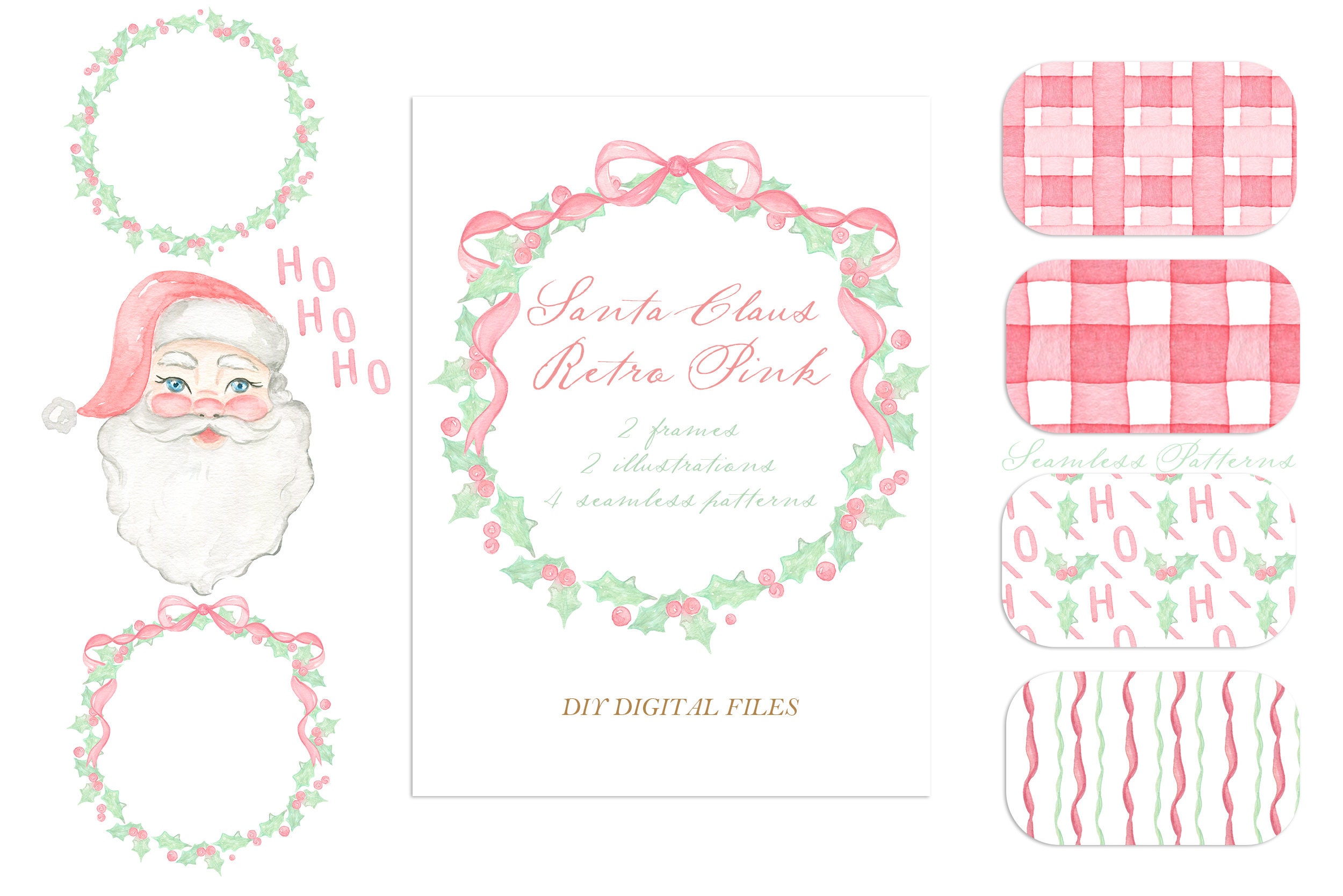 Santa Claus Retro Pink. Christmas Clipart DIY Gingham Pink - Etsy