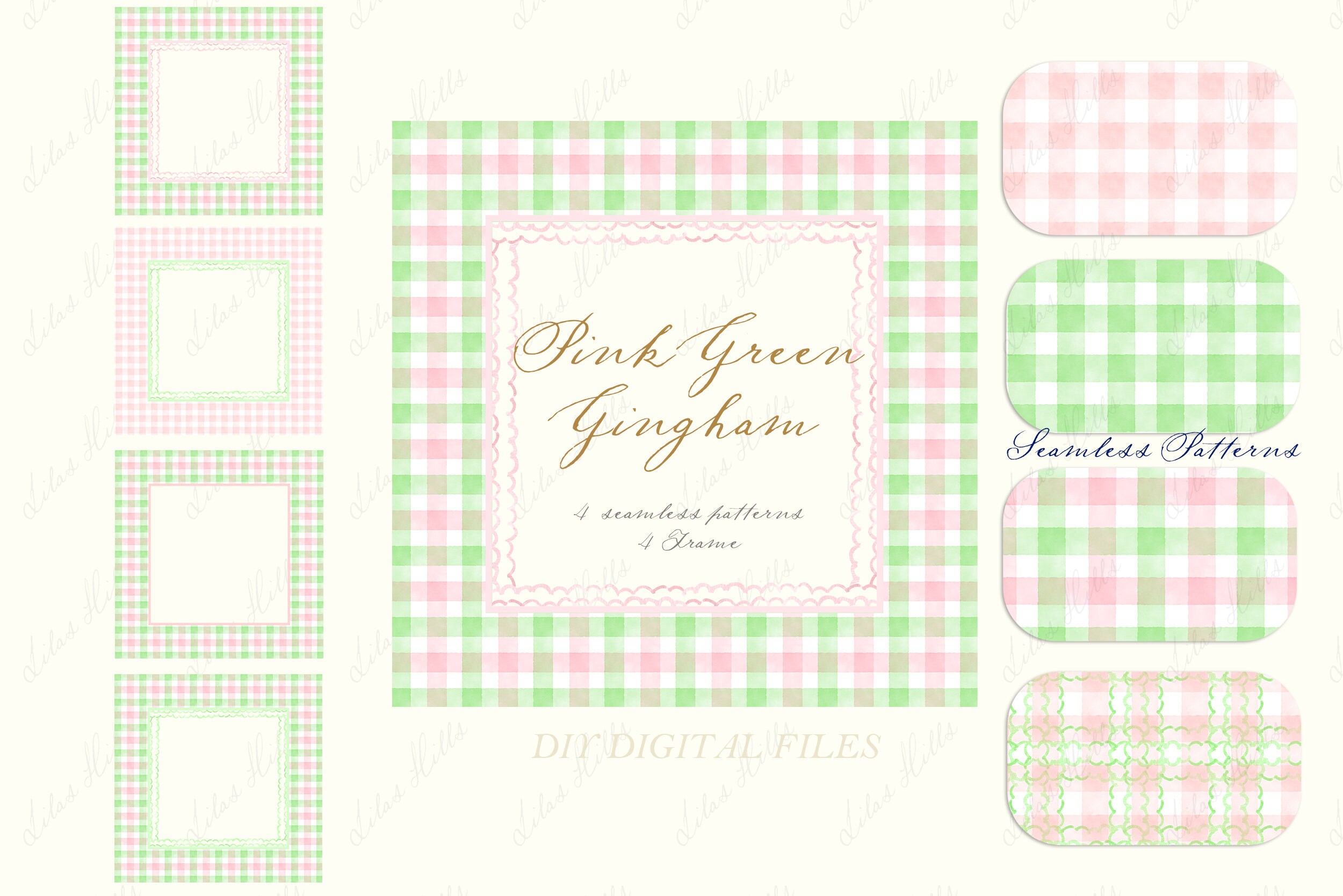 Pastel Gingham Clipart: Pink & Green Watercolor Frames (digital ...