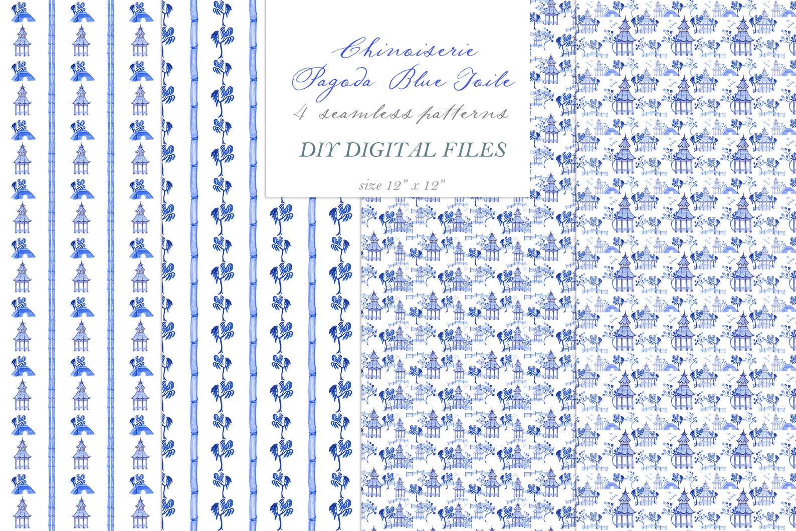 Chinoiserie Pagoda Blue Toile. DIY Digital Paper Frames Watercolor ...