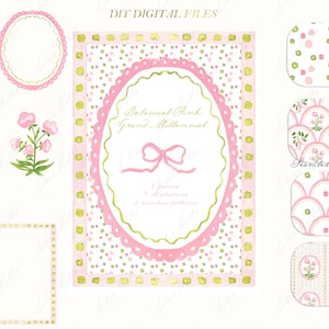 Grand Millennial Botanical Pink Green Flowers Watercolor DIY Clipart ...