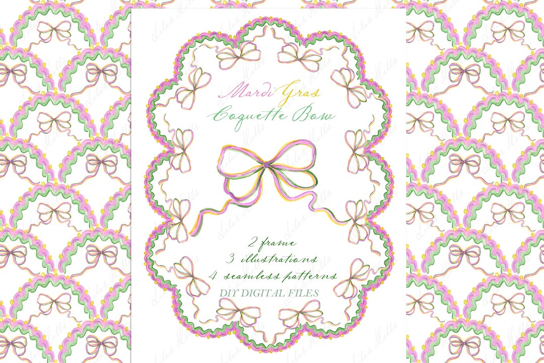 Mardi Gras Coquette Bow Frames Grandmillennial DIY Digital Clipart ...