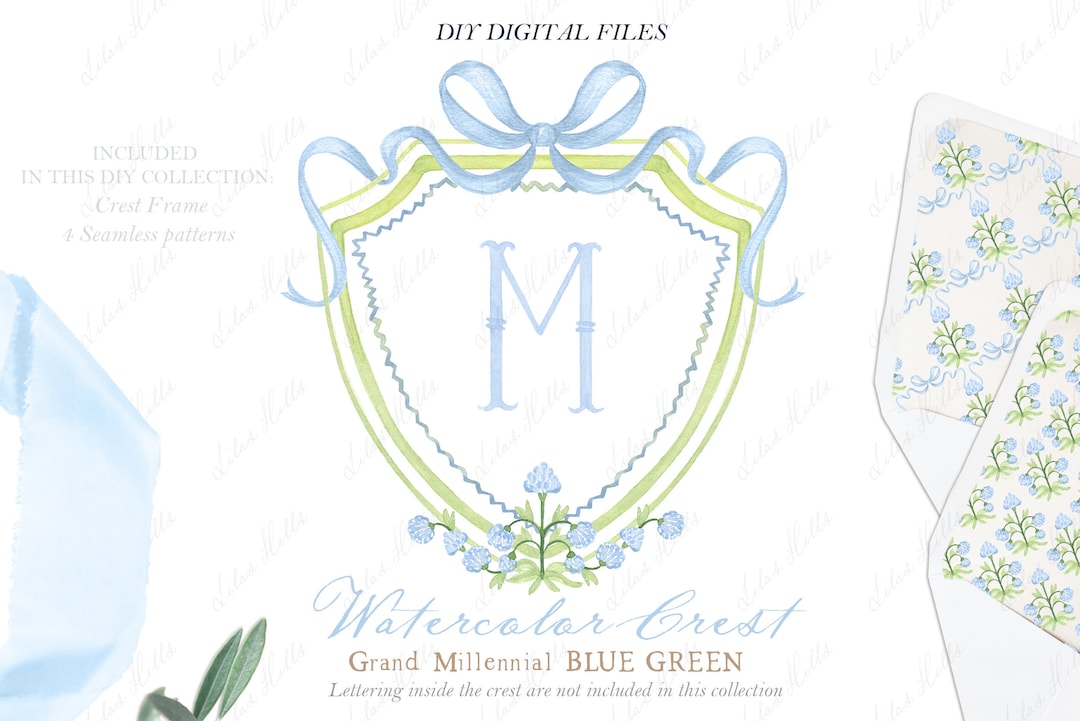 Grand Millennial Blue Green Vintage Family Watercolor Crest DIY Blue ...