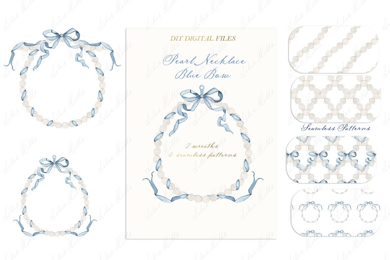 Collar de perlas, lazo azul vintage, marcos, boda, bricolaje, clipart ...