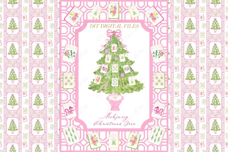 Mahjong Christmas Tree Watercolor Clipart, Pink DIY Digital Paper (PNG ...