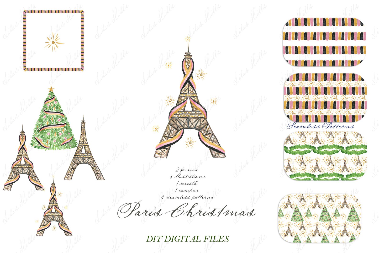 Paris Chic France Eiffel Tower DIY Digital Paper Black White Gold ...
