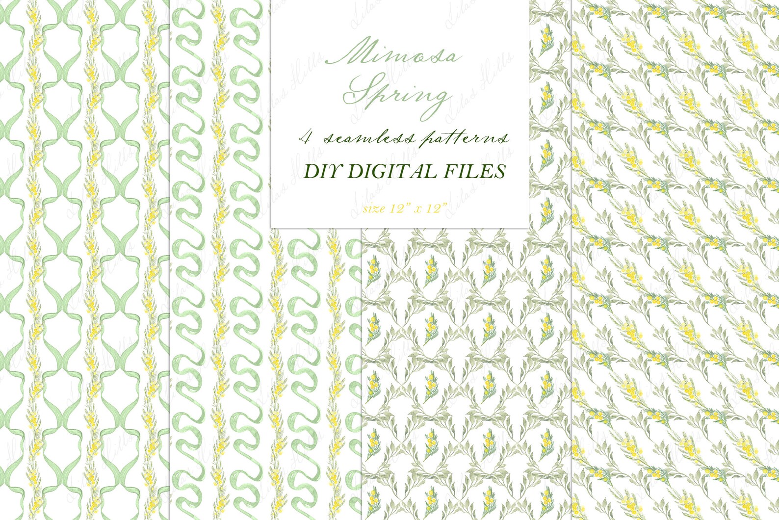 Mimosa Greenery Watercolor Clipart: Spring Frames, Digital Paper (DIY ...