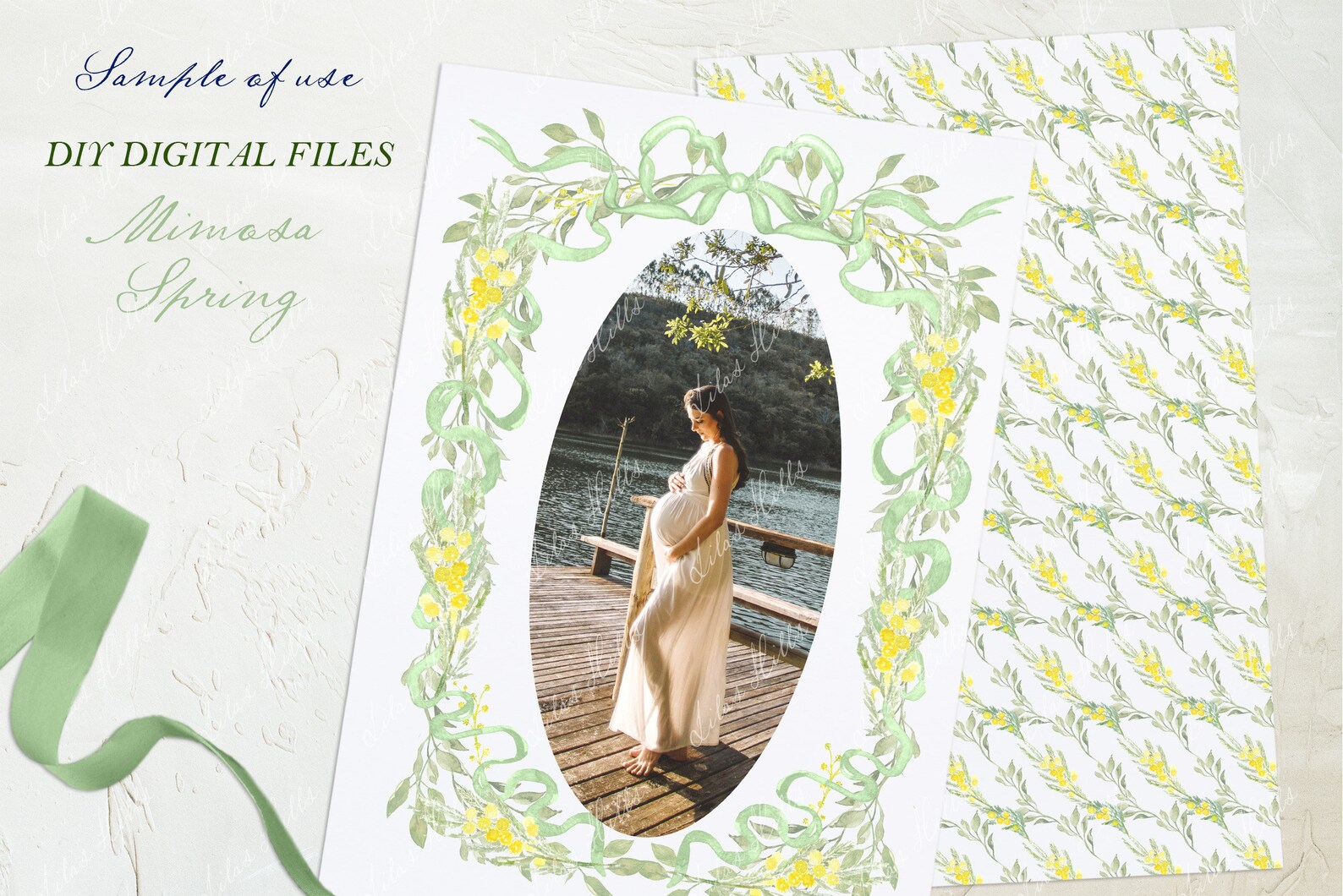 Mimosa Greenery Watercolor Clipart: Spring Frames, Digital Paper (DIY ...