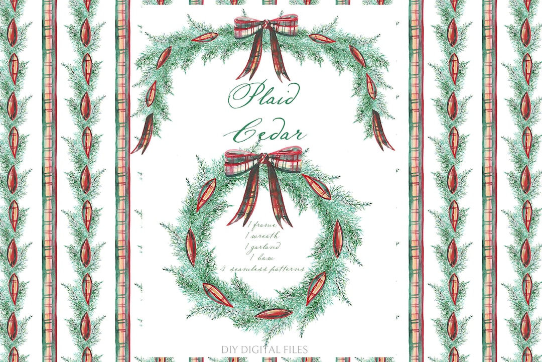 Christmas Plaid Cedar Clipart: Wreath, Garland, Frame (digital Download ...