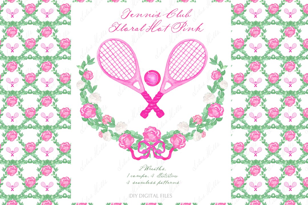 Tennis Clipart, Hot Pink Floral Watercolor Wreath. Tennis Vintage DIY ...